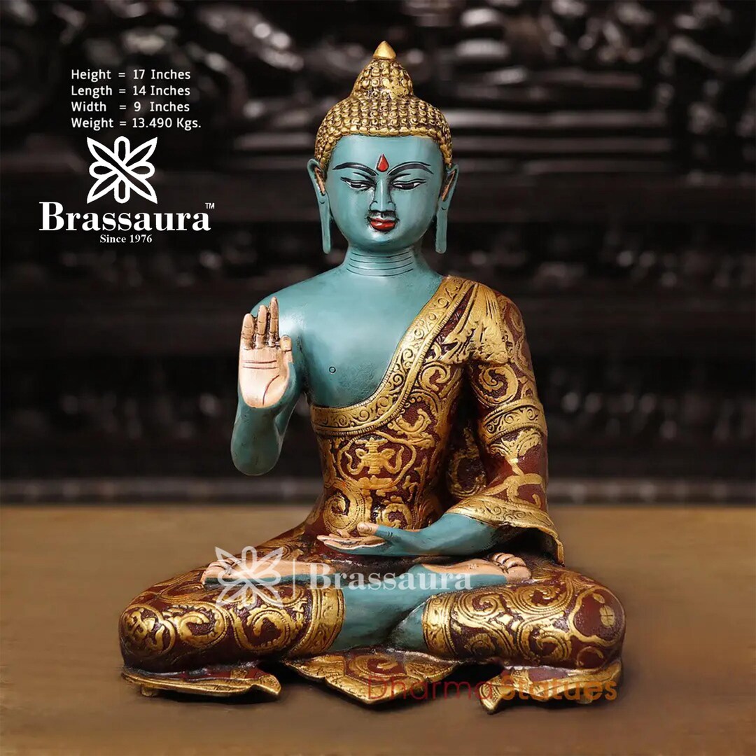 Seated Brass Buddha Sculpture With Blue Patina and Gold-embossed 17 ...