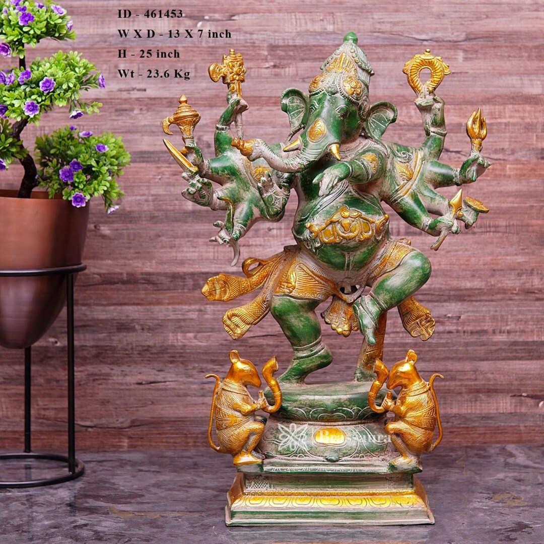 Brass Nritya Ganapati Statue With Patina Green, Gold Finish, 25 Inch ...