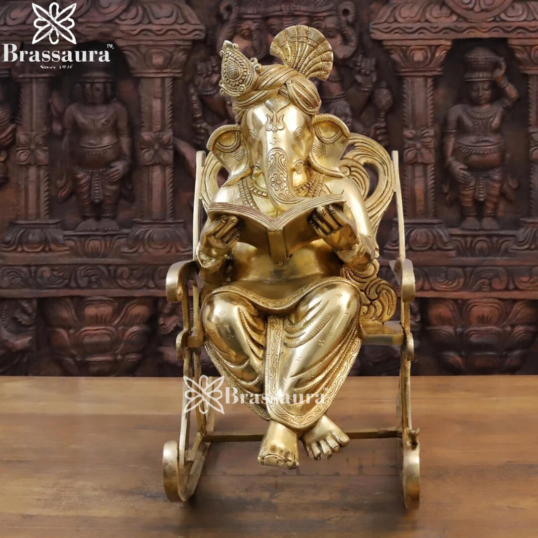 Golden Brass Ganesha Statue Reading Book, Home Temple Decor - Etsy