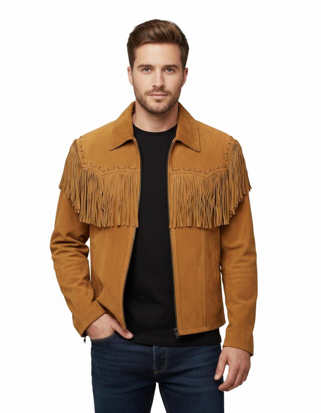 Men's Suede Leather Western Cowboy Fringe Jacket | Zubigu Sports - Etsy