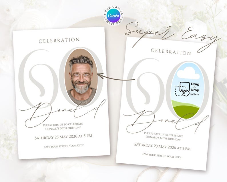 60th Birthday Invitation Template With Photo, Editable Birthday Invite ...