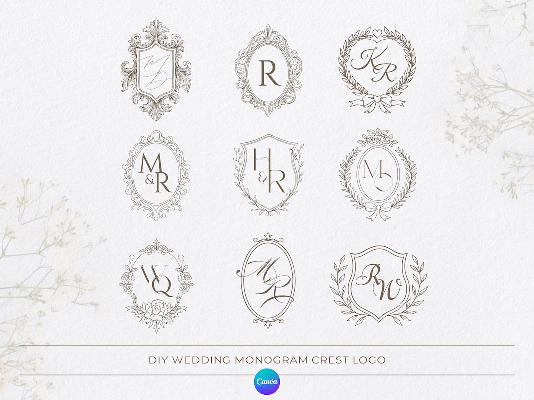 Wedding Monogram Crest Logo Bundle | Custom Canva Template | Editable ...