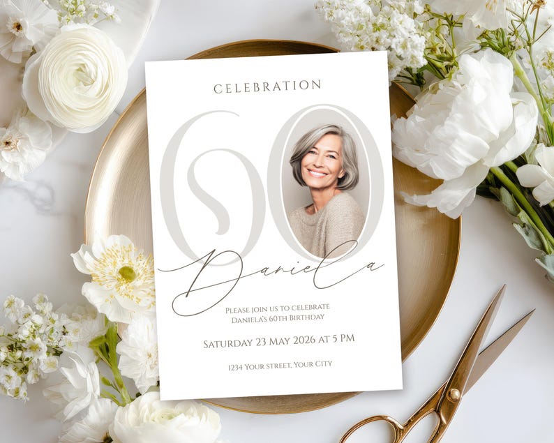 60th Birthday Invitation Template With Photo, Editable Birthday Invite ...