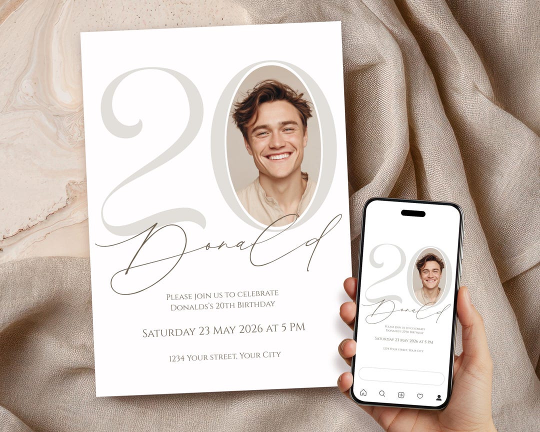 20th Birthday Invitation Template With Photo, Editable Birthday Invite ...