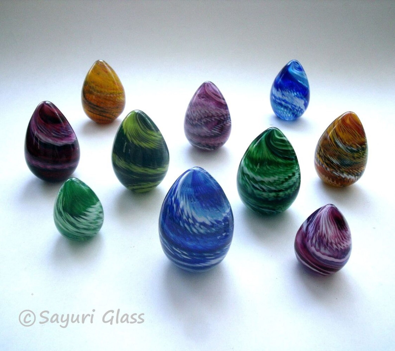 Set of Two Glass Egg Paperweight Yellow Teal Mica Canes: DISASTER ...
