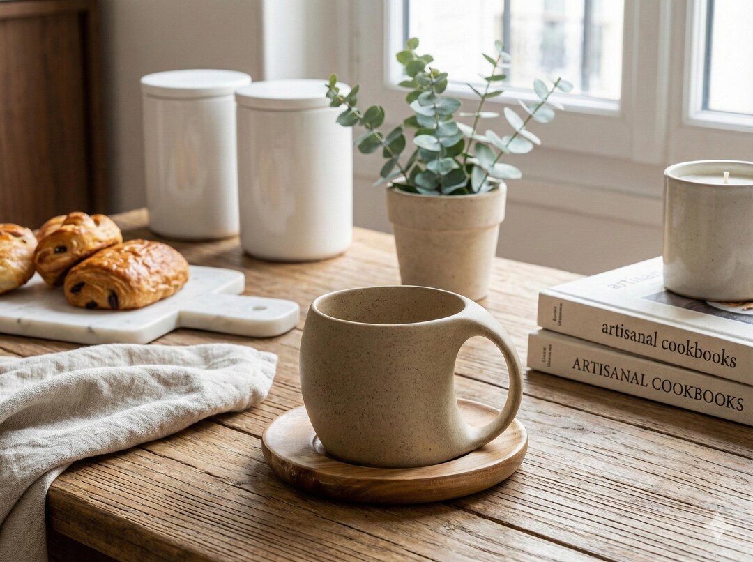 Japandi Ceramic Mug With Wooden Saucer, Beige Speckled Mug, Large ...
