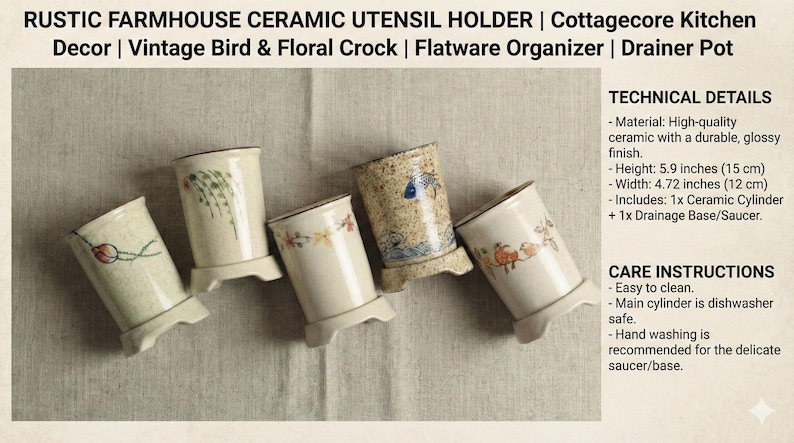 Rustic Farmhouse Ceramic Utensil Holder | Cottagecore Kitchen Decor ...