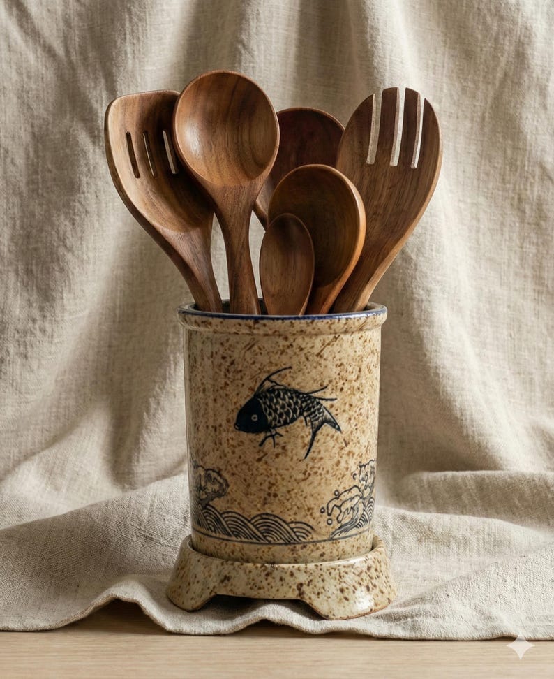 Rustic Farmhouse Ceramic Utensil Holder | Cottagecore Kitchen Decor ...