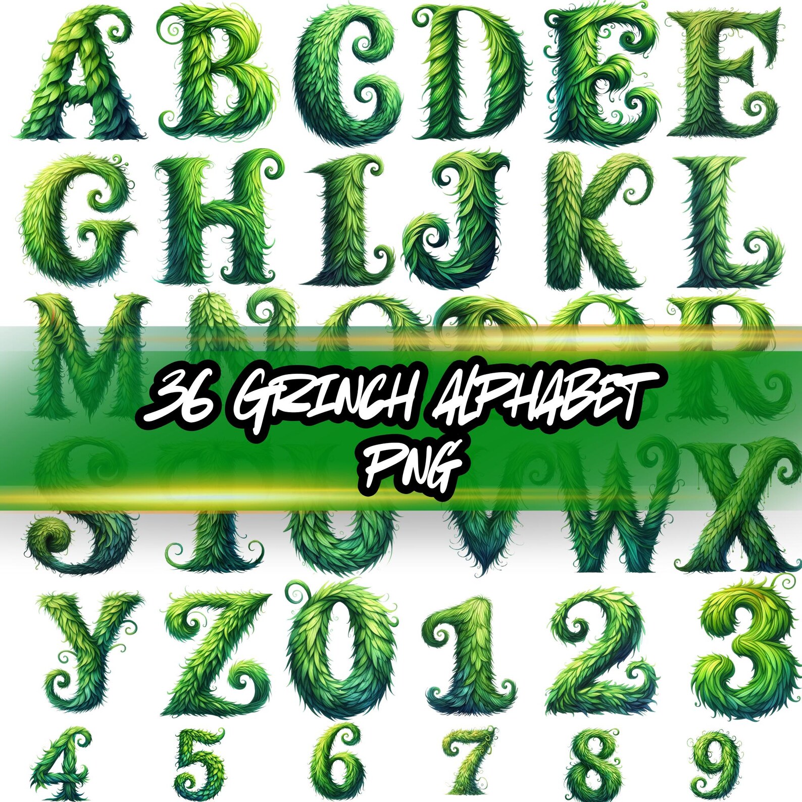 Grinch Leafy Alphabet & Numbers PNG, Christmas Font Clipart (digital ...
