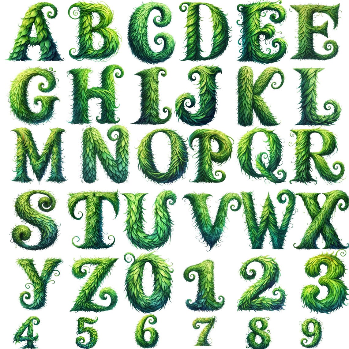 Grinch Leafy Alphabet & Numbers PNG, Christmas Font Clipart (digital ...