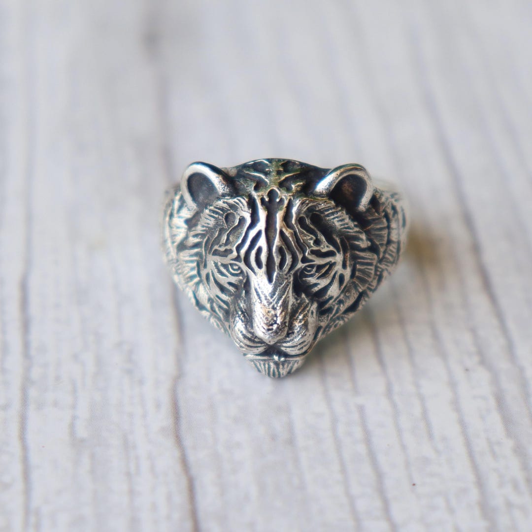 Oxidized Sterling Silver Tiger Head Ring, Men's Heavy Signet Statement ...