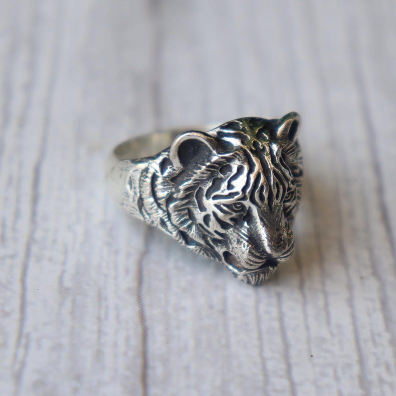 Oxidized Sterling Silver Tiger Head Ring, Men's Heavy Signet Statement ...