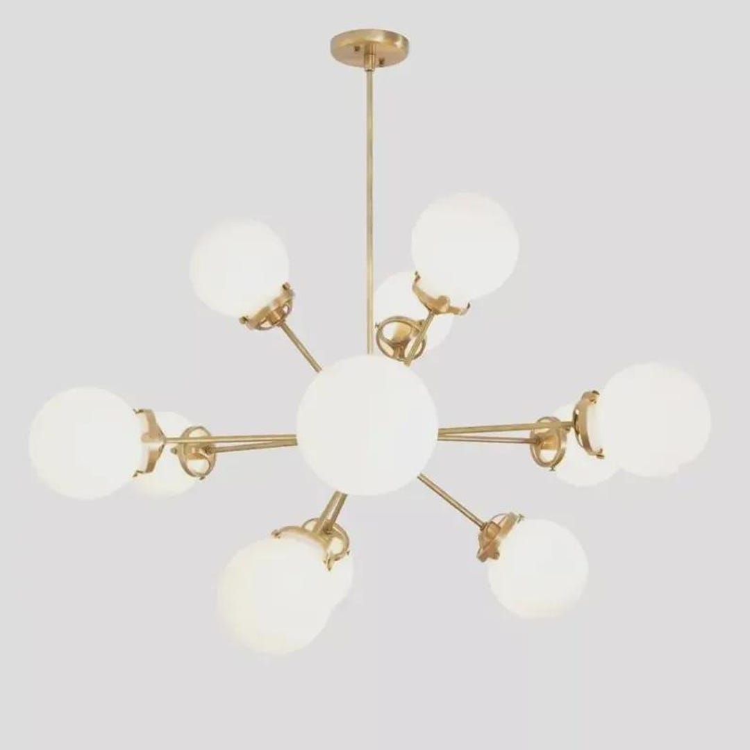 Mid Century Modern Sputnik Chandelier, Raw Brass Finish, 12 Globe Light ...