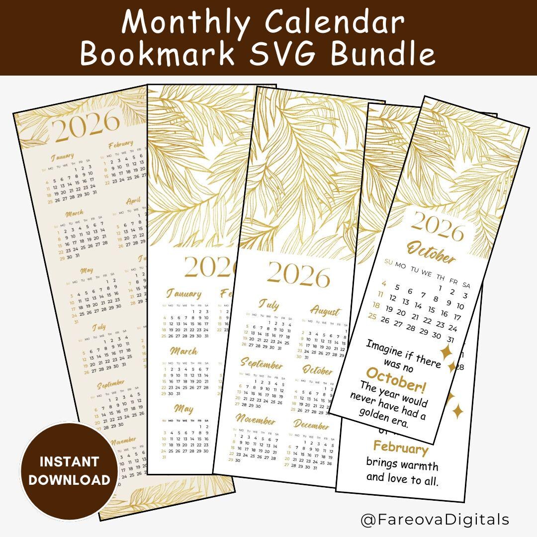 2026 Calendar Bookmarks | Monthly Planner, Book Lover Gift (digital ...