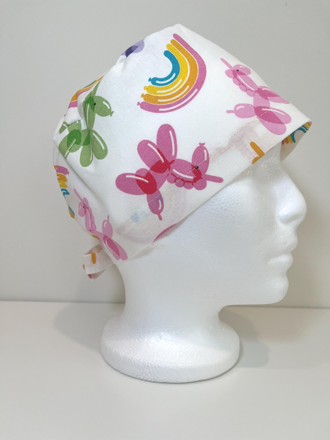 Balloon Animal Pediatric Scrub Cap | Rainbow Print Satin Lined Tie-back ...