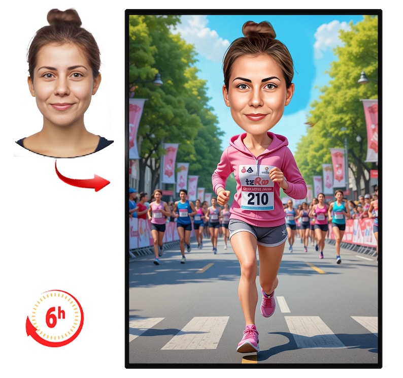 Custom Female Runner Cartoon Portrait | Personalized Running Caricature ...