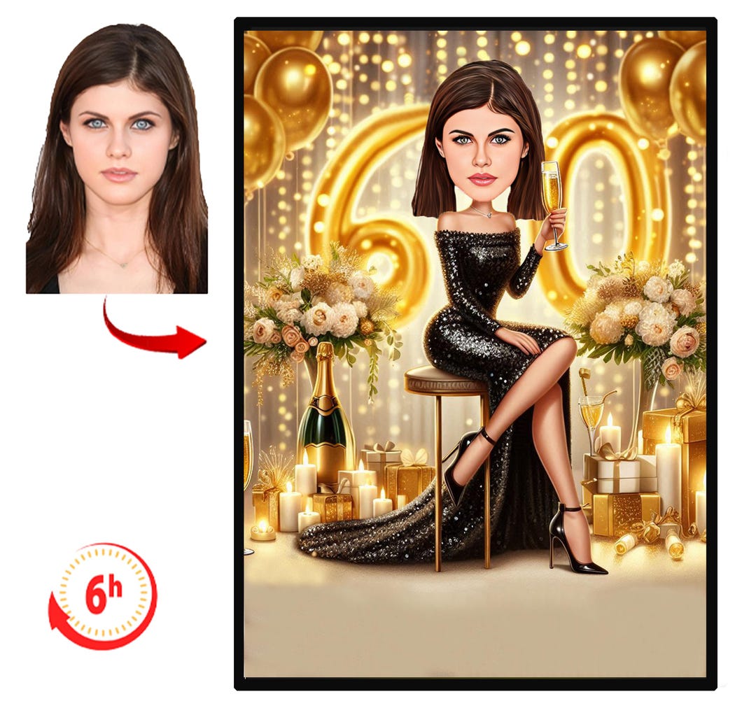 Custom 60th Cartoon Portrait | 60th Caricature | Personalized Happy Birthday Caricature Drawing ...