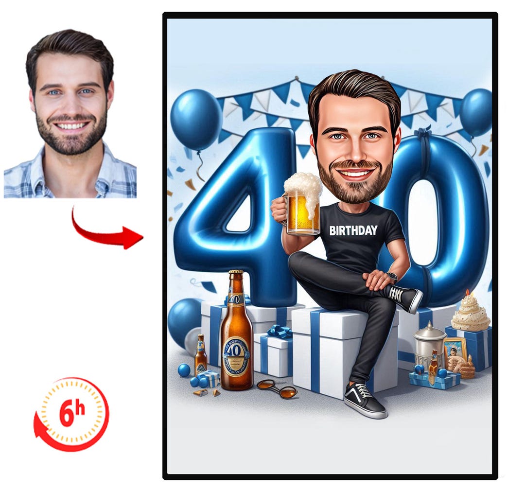 Custom 40th Man Cartoon Portrait | 40th Birthday Caricature | Birthday ...