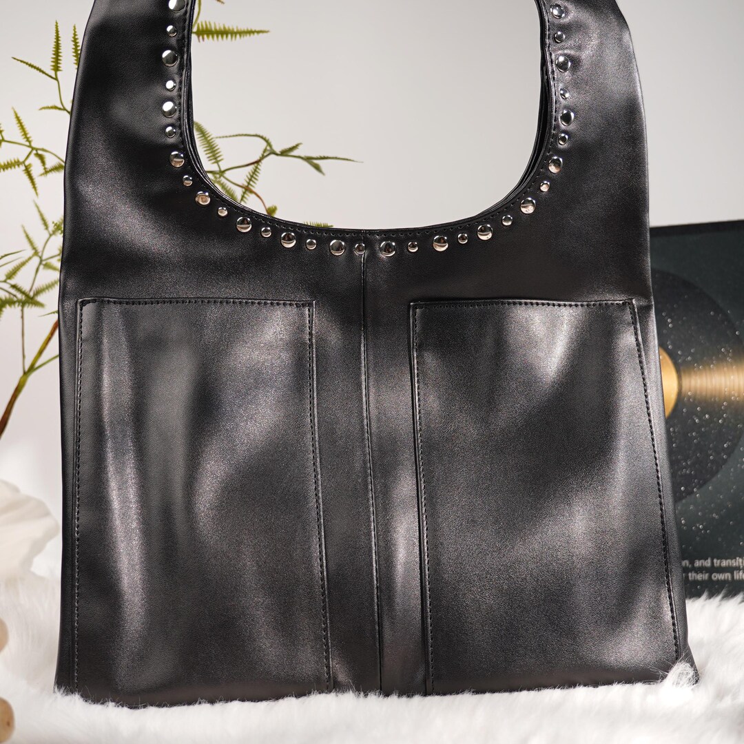 Handmade Studded Hobo Bag With Dual Exterior Pockets, Edgy Black Vegan ...