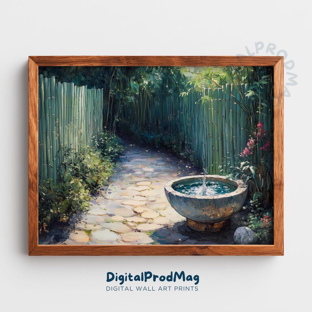 Printable Peaceful Garden Fountain Painting - Cottagecore Cobblestone ...