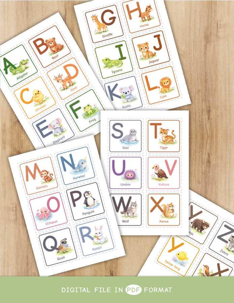 Printable Flashcards Alphabet for Kids, Animal ABC Learning Cards, in ...