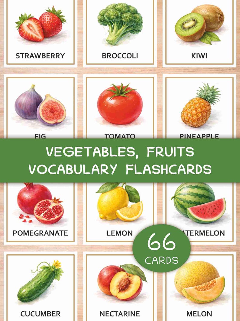 Fruit and Vegetable Flashcards Printable Watercolor Cards, English ...