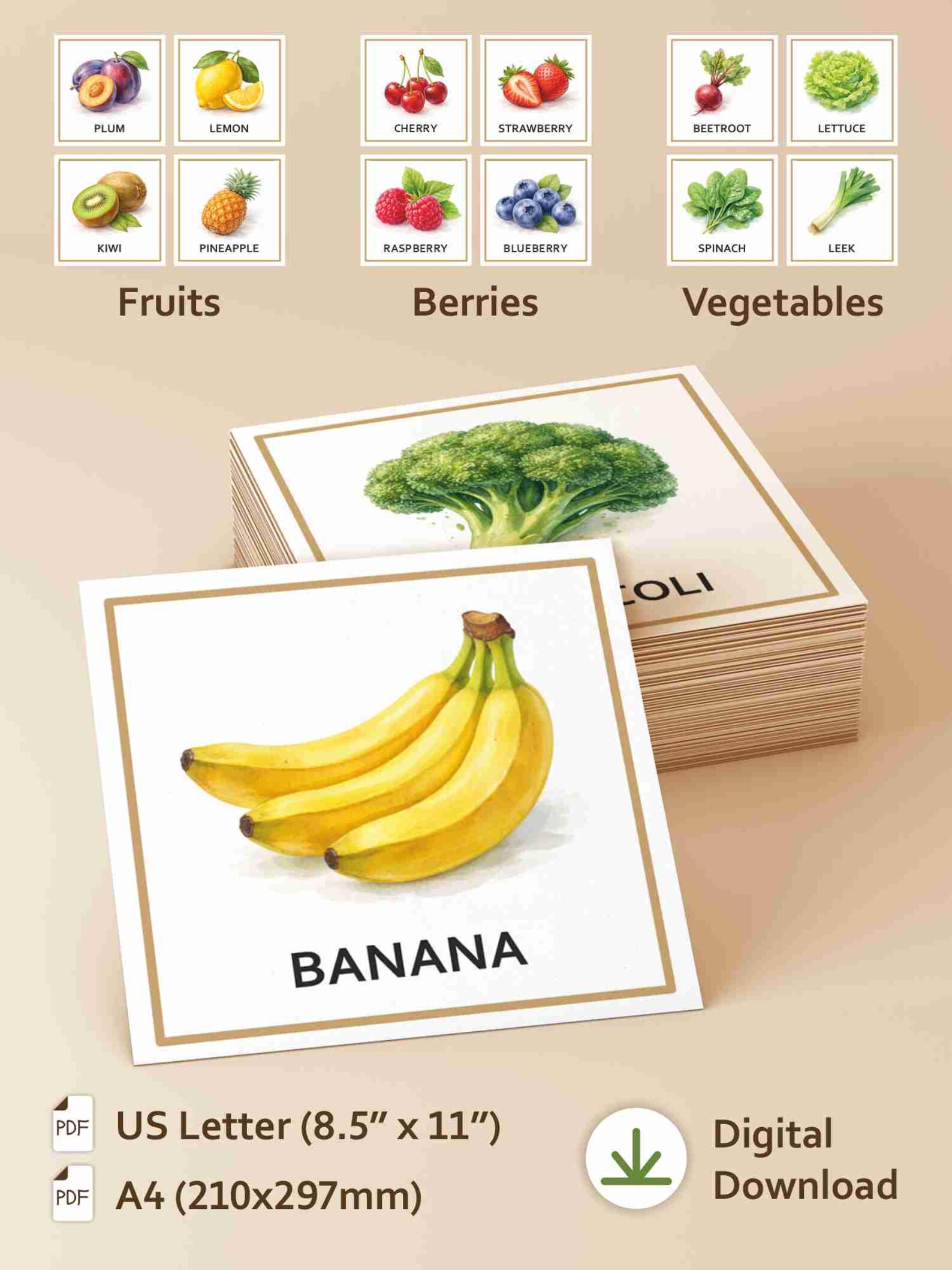 Fruit and Vegetable Flashcards Printable Watercolor Cards, English ...