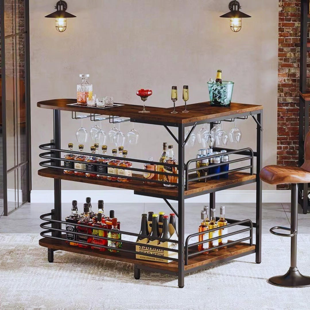 L Shaped Home Bar Unit | Industrial Corner Bar Table With Wine Glass ...
