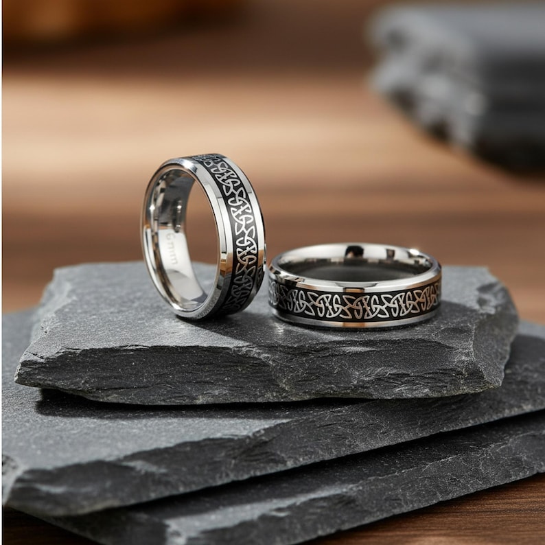 Celtic Knot Tungsten Carbide Ring – Silver Beveled Edge, Carbon Fiber ...