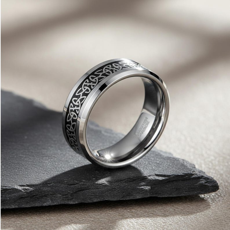 Celtic Knot Tungsten Carbide Ring – Silver Beveled Edge, Carbon Fiber ...