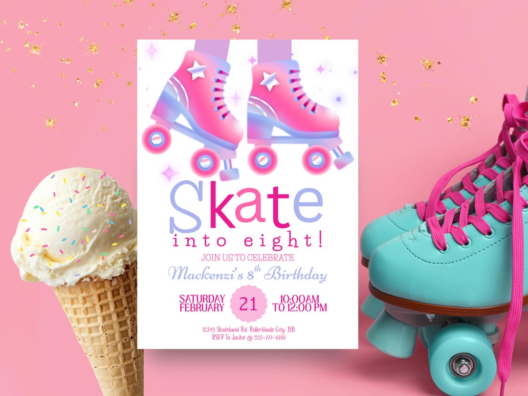 Kids Roller Skating Rink Birthday Invitation for Girls, Skate Into ...