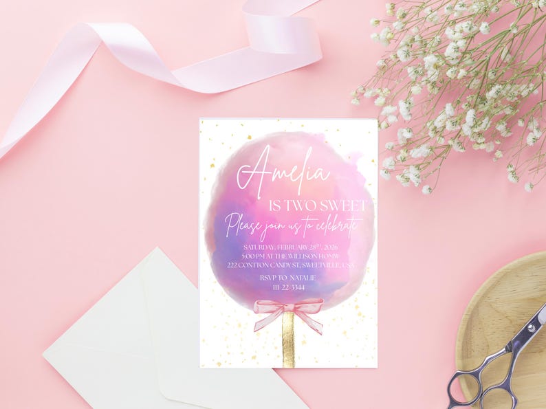 Cotton Candy 2nd Birthday Invitation, Girls Sweet 16 Invite, Pastel ...