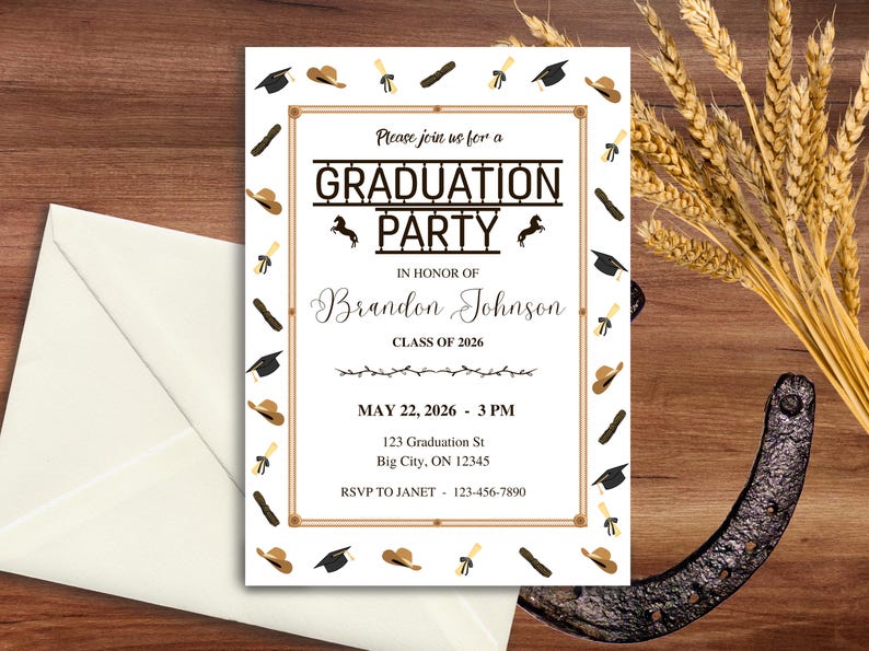 Editable Western Graduation Party Invitation - Digital Invite Rustic ...