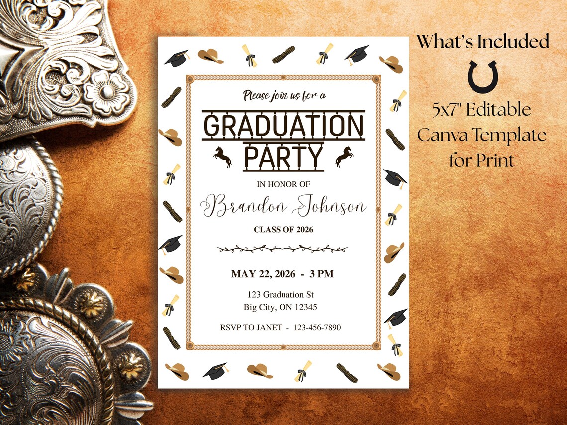 Editable Western Graduation Party Invitation - Digital Invite Rustic ...