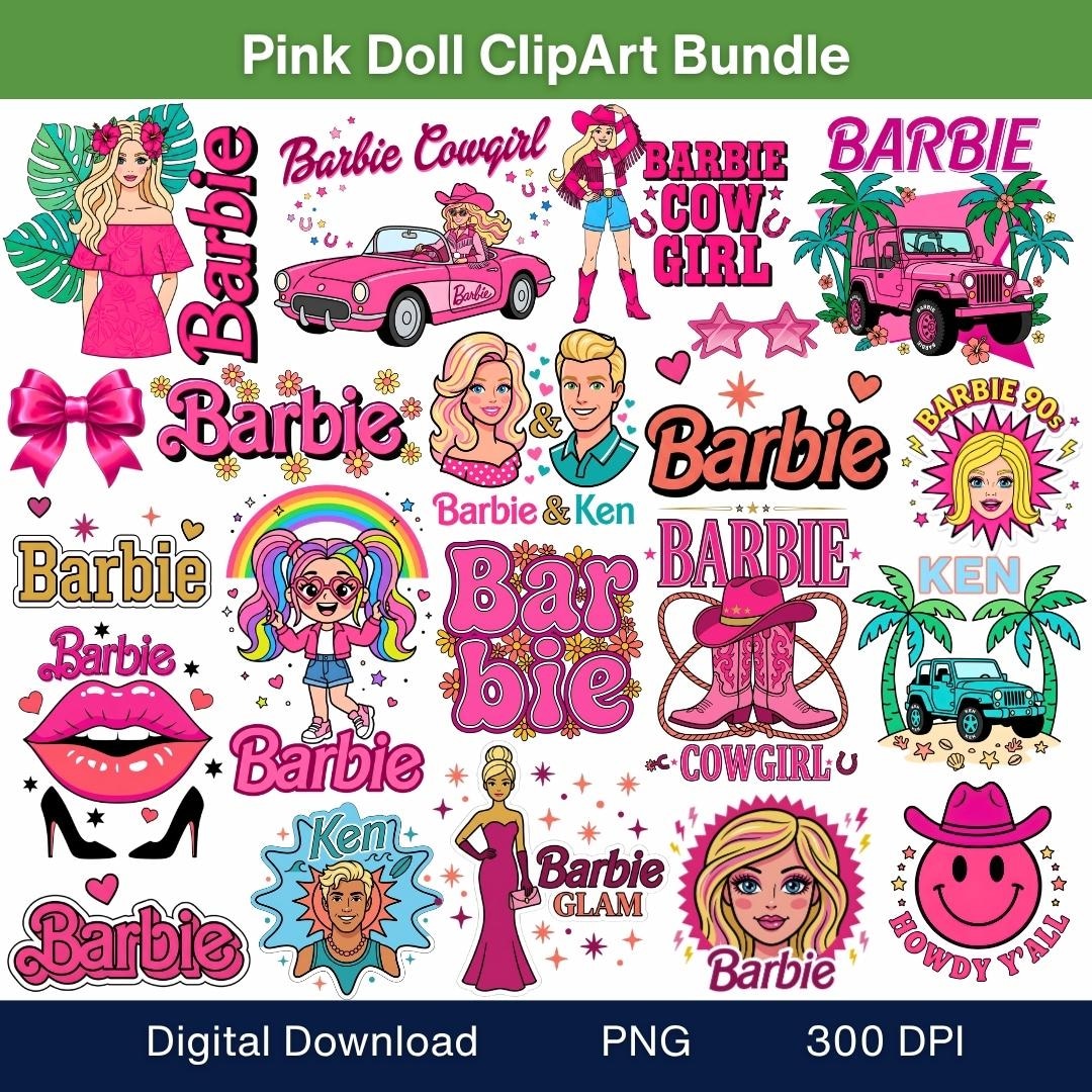 Barbie PNG Bundle, 41 Barbie Clipart Files, Pink Doll Graphics, Barbie ...