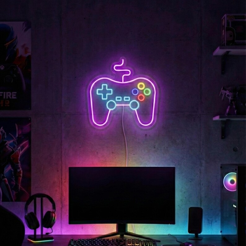Gaming Controller LED Neon Sign Acrylic Base PS5 Style Game Room Desk ...