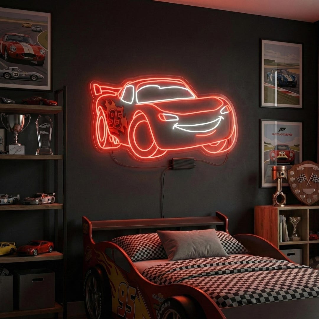 Lightning Mcqueen Racing Car Neon LED Sign Disney Cartoon Desk Decor ...