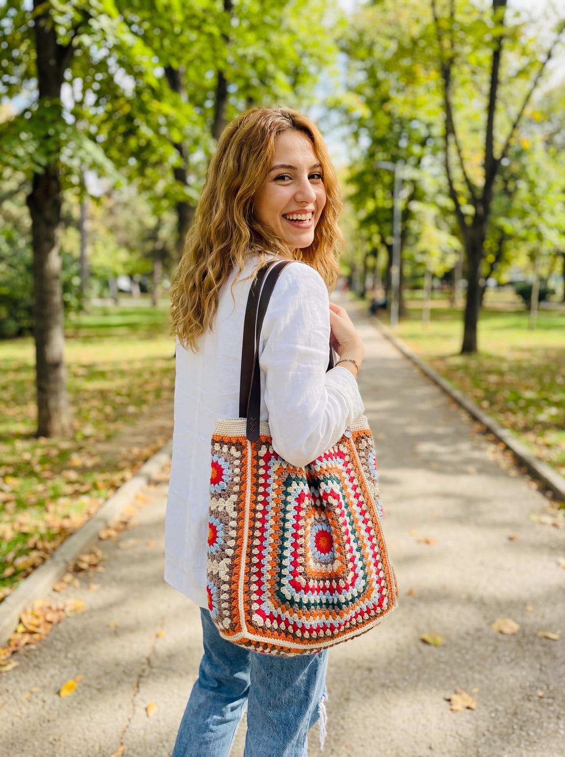 Boho Granny Square Tote Bag | Crochet Bohemian Shoulder Purse ...