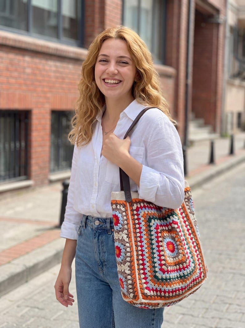 Boho Granny Square Tote Bag | Crochet Bohemian Shoulder Purse ...