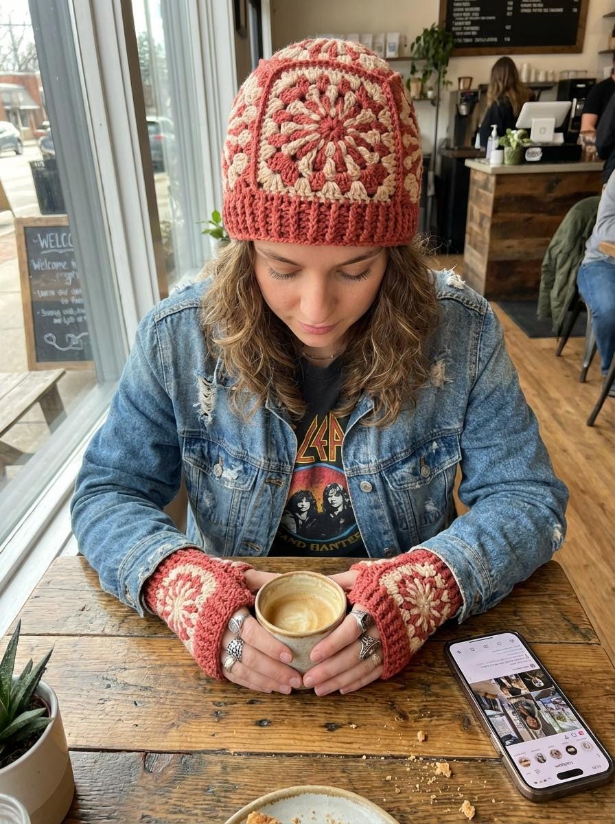 Crochet Granny Square Beanie Set, Boho Sunburst Terracotta Cream Hat ...