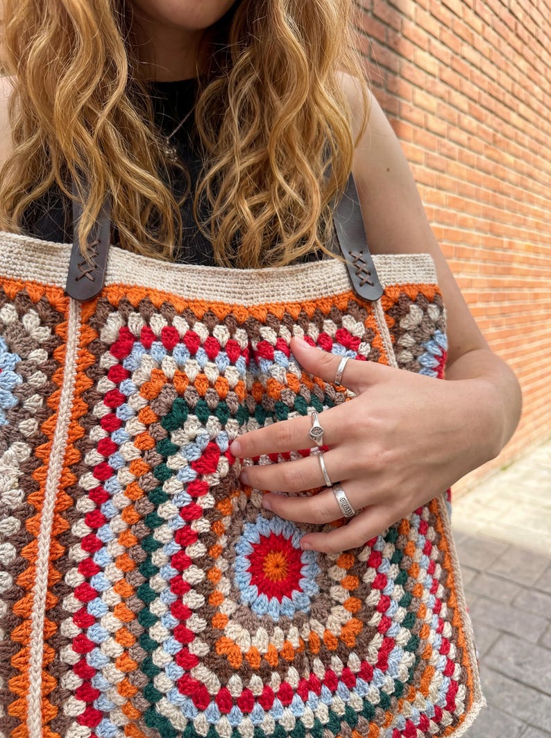 Boho Granny Square Tote Bag | Crochet Bohemian Shoulder Purse ...