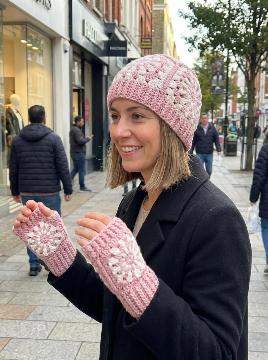 Pink Granny Square Beanie Set, Cottagecore Crochet Hat & Fingerless ...