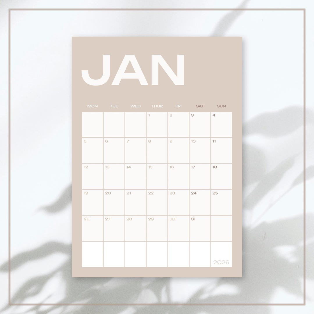 2026 Calendar - Digital Download PDF - Neutral Monthly Calendar A4 ...
