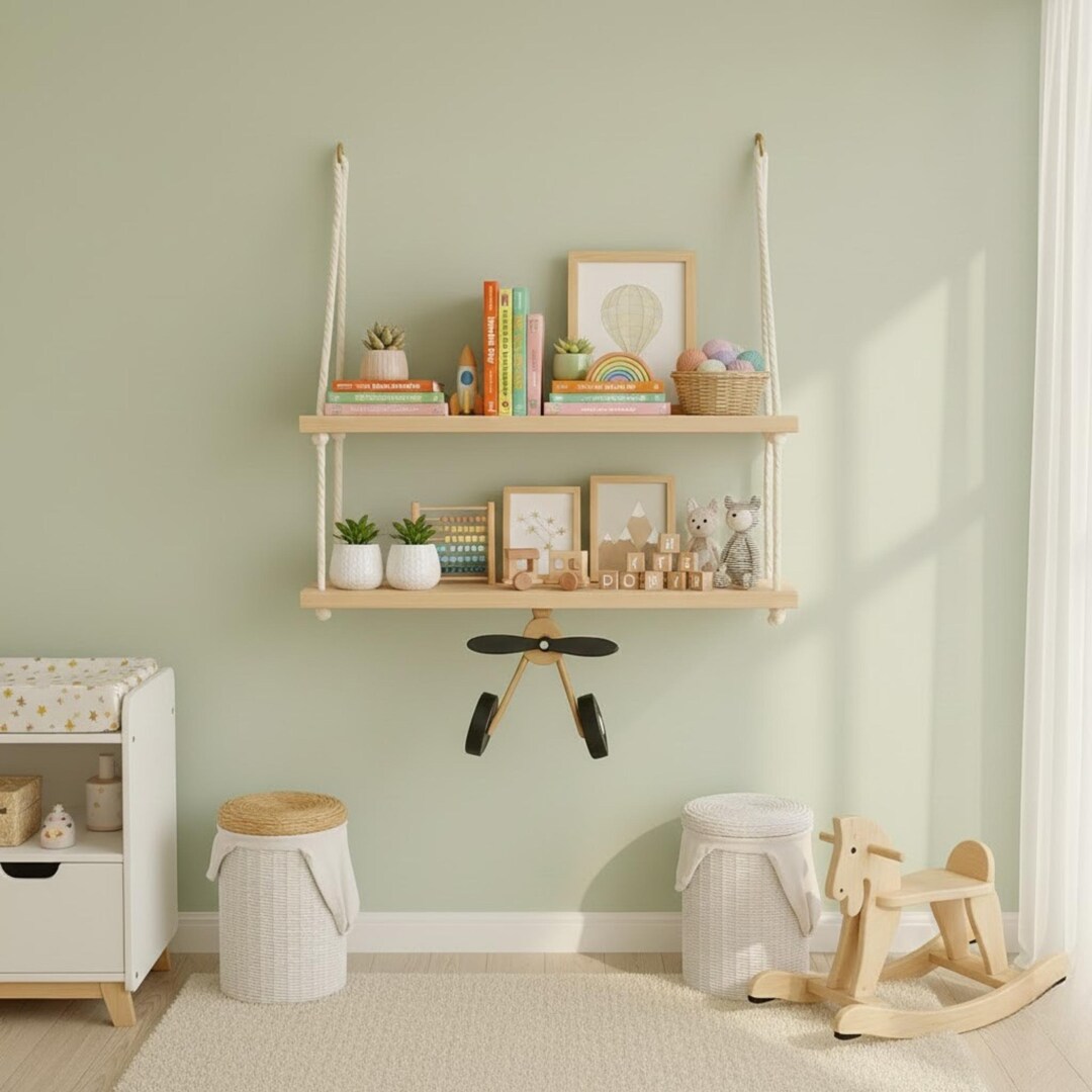 Vintage Style Airplane Floating Shelf - Wooden Baby Shelf - Rope ...