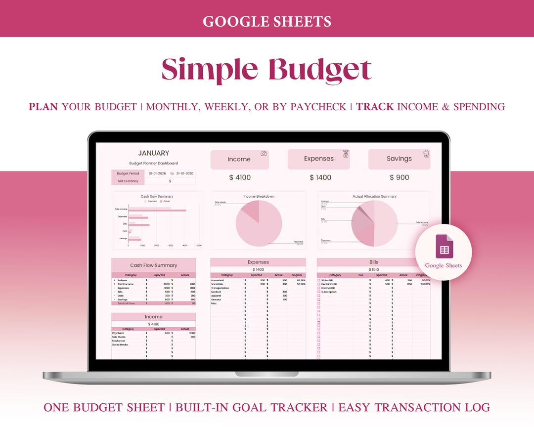 Simple Budget Goal Tracker Google Sheets Monthly Planner - Etsy