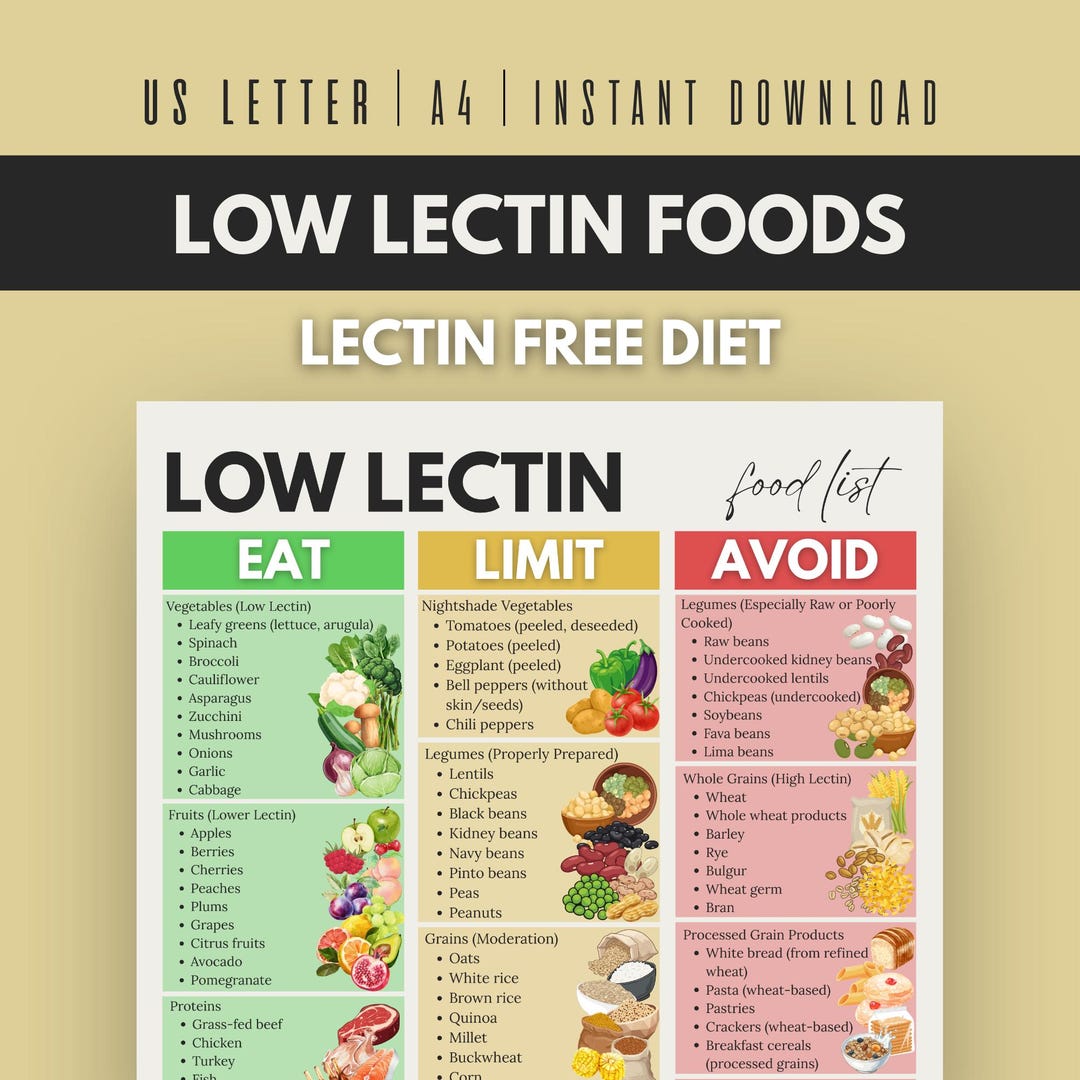Low Lectin Foods Food List Printable, Lectin Free Diet Chart PDF, A4 ...