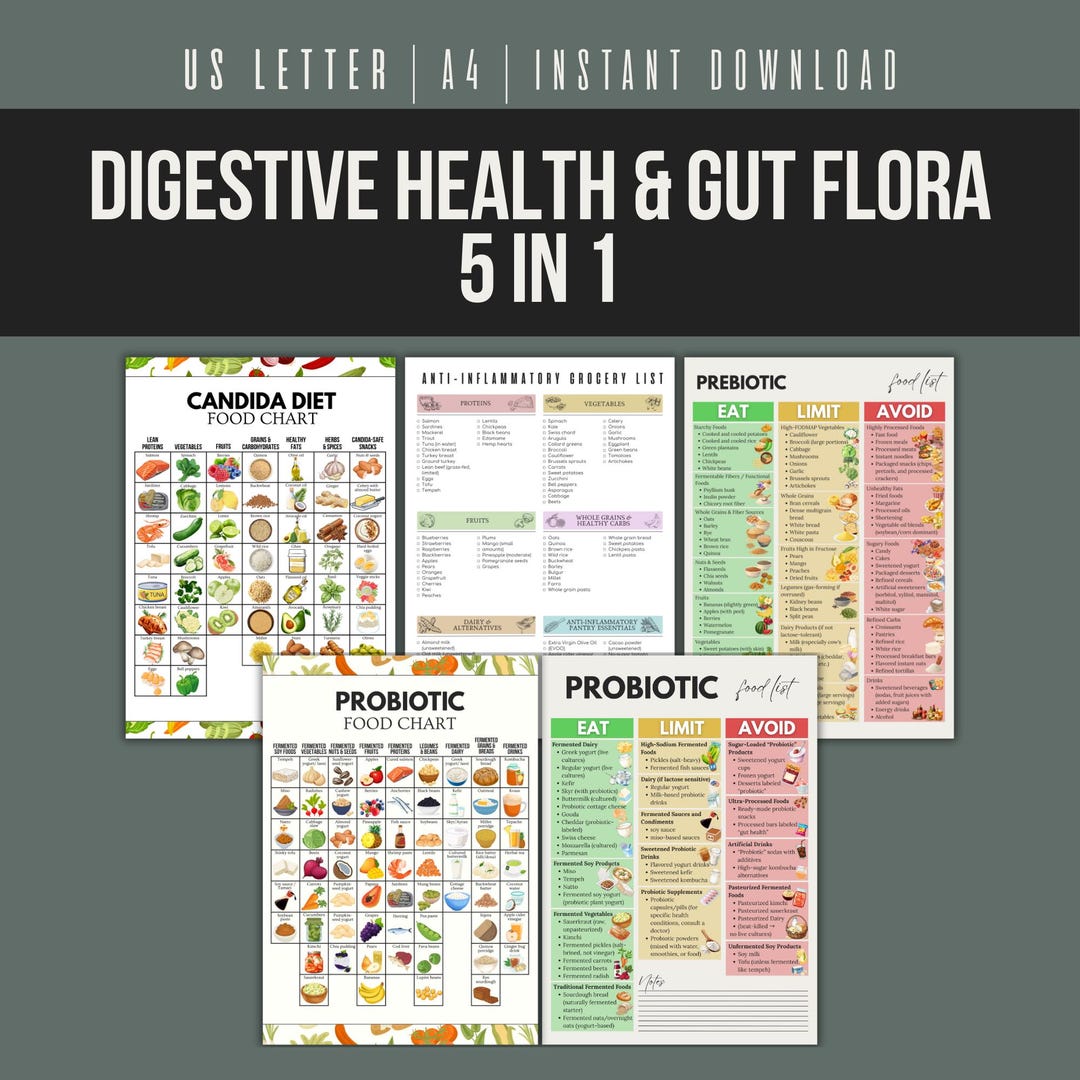 Digestive Health & Gut Flora 5 in 1, Food List Printable, Probiotic ...
