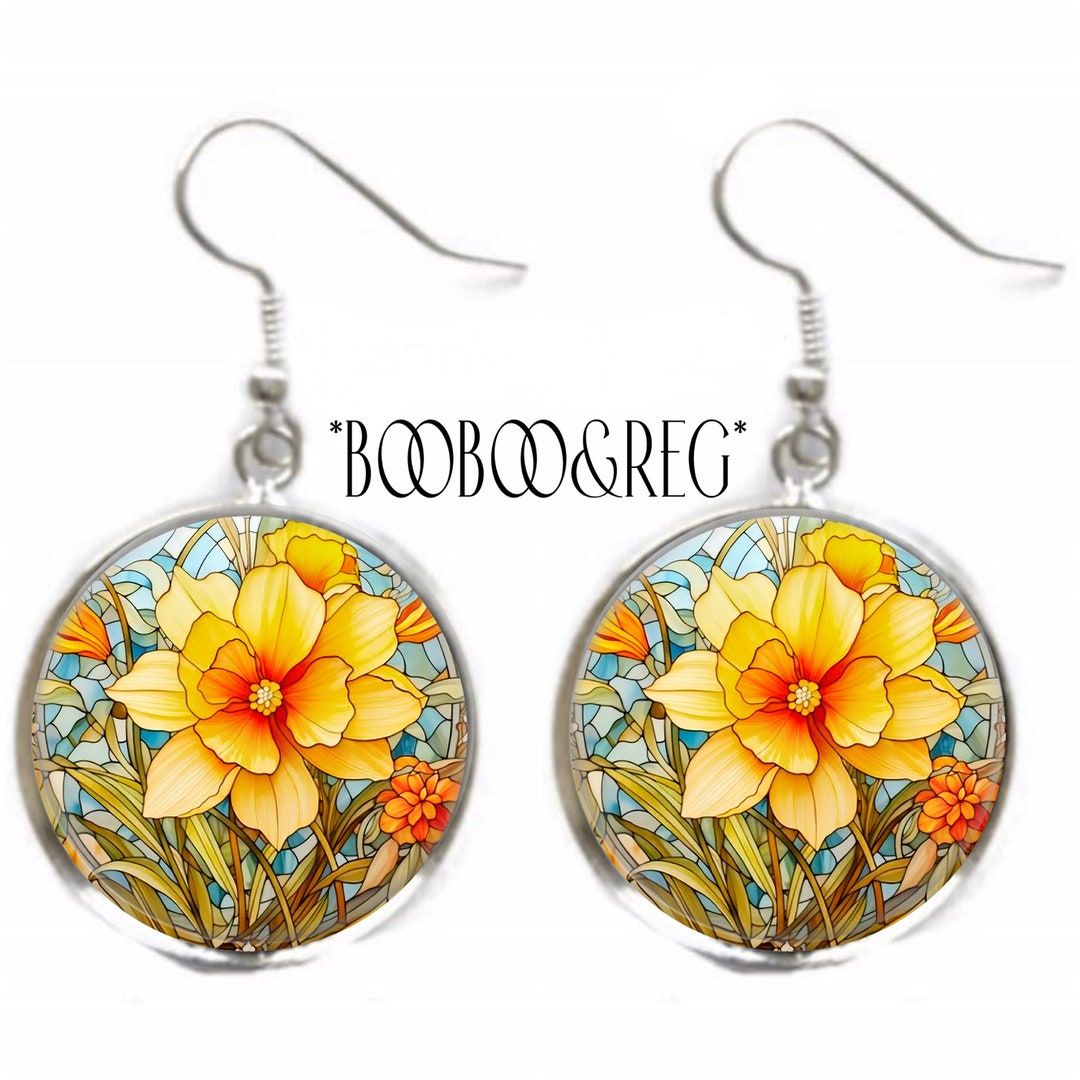 Daffodil Charm Earrings FAUX Stained Glass Art Print Gardener Gift ...
