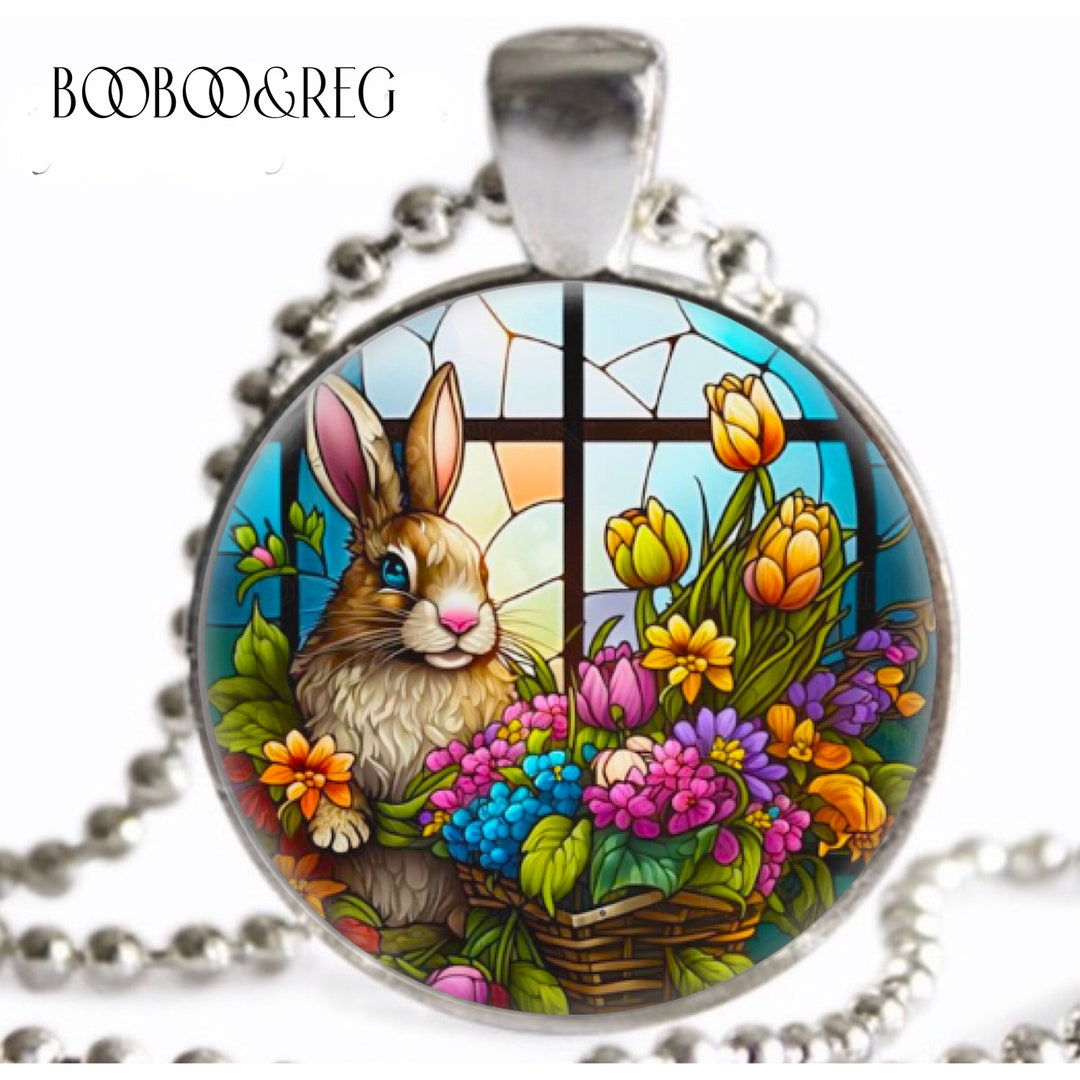Easter Rabbit Bunny Necklace FAUX Stained Glass Spring Flowers Art ...