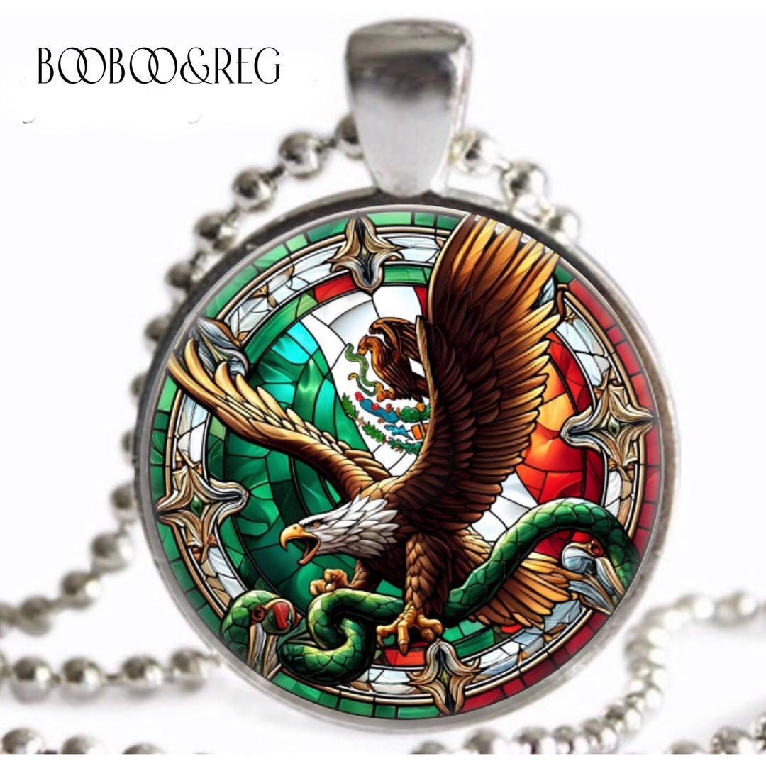 Mexican Flag Necklace FAUX Stained Glass Eagle Art Print Silver Charm ...